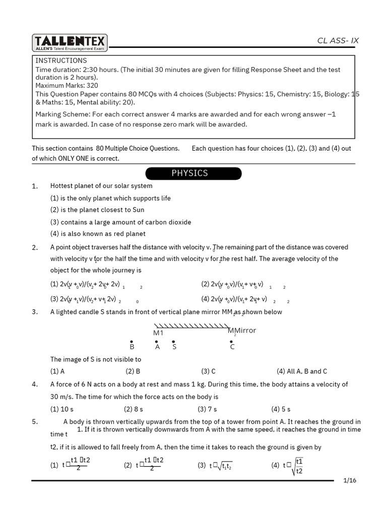 Class-IX_Tallentex sample paper.pdf | PDF | Tissue (Biology) | Planets