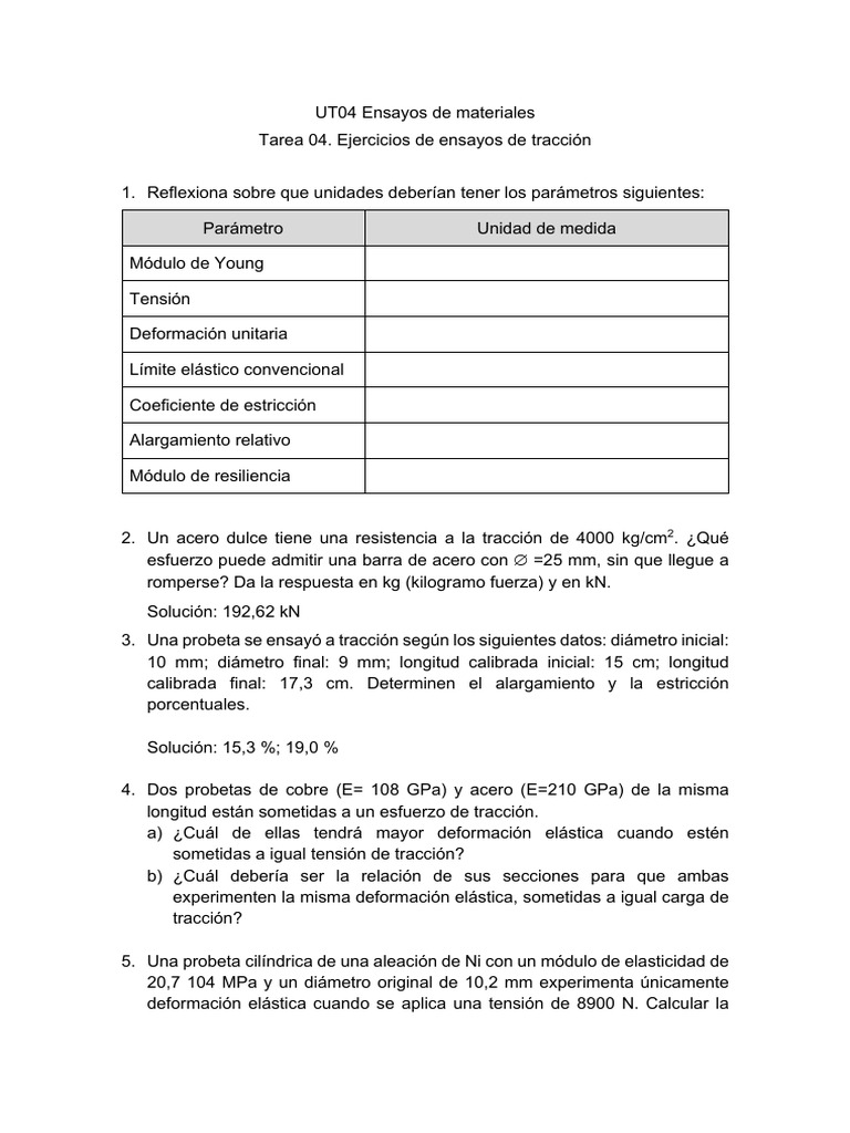 UT03 Ejercicios de Ensayos de Materiales | PDF | Deformación (ingeniería) | Dureza
