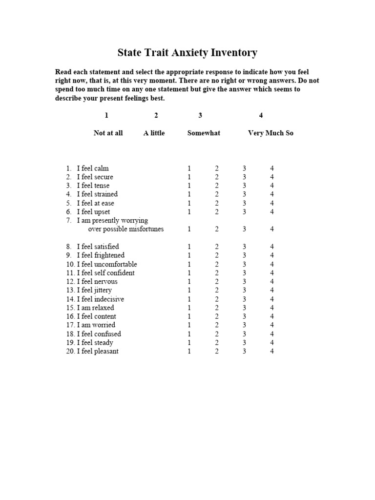 State Trait Anxiety Inventory (Dragged) | PDF