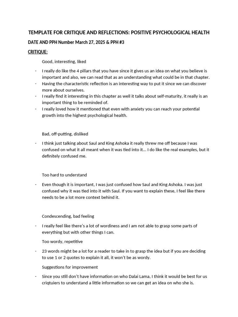 Positive Psychology Health Critique Template | PDF | Psychology