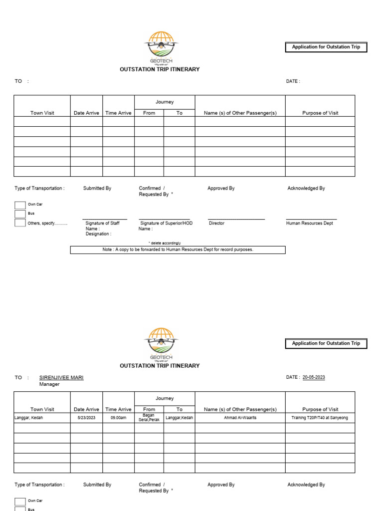 Outstation Trip Itinerary Template | PDF | Public Transport | Transport