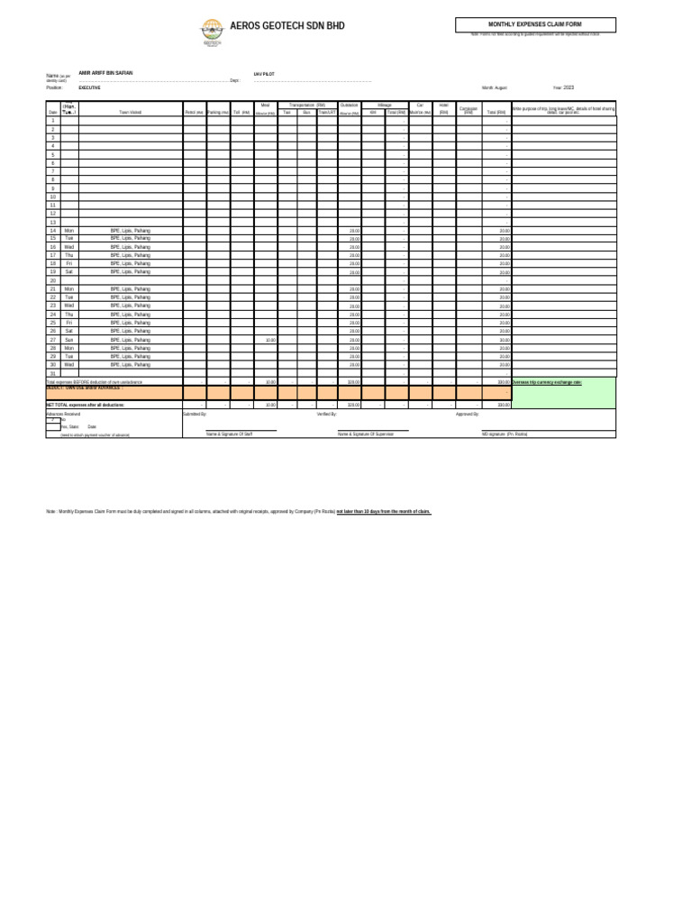 Monthly Expense Claim Form Template | PDF | Transport | Payments