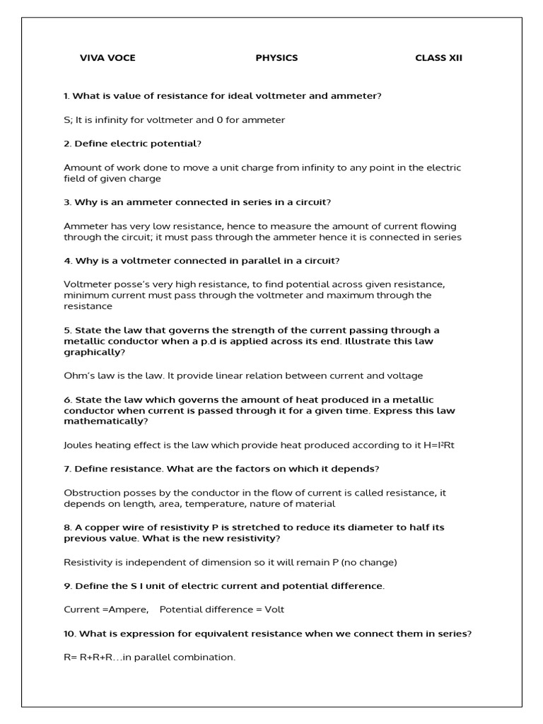 Class Xii Viva Voce-2024 | PDF | Electrical Resistivity And Conductivity | P–N Junction