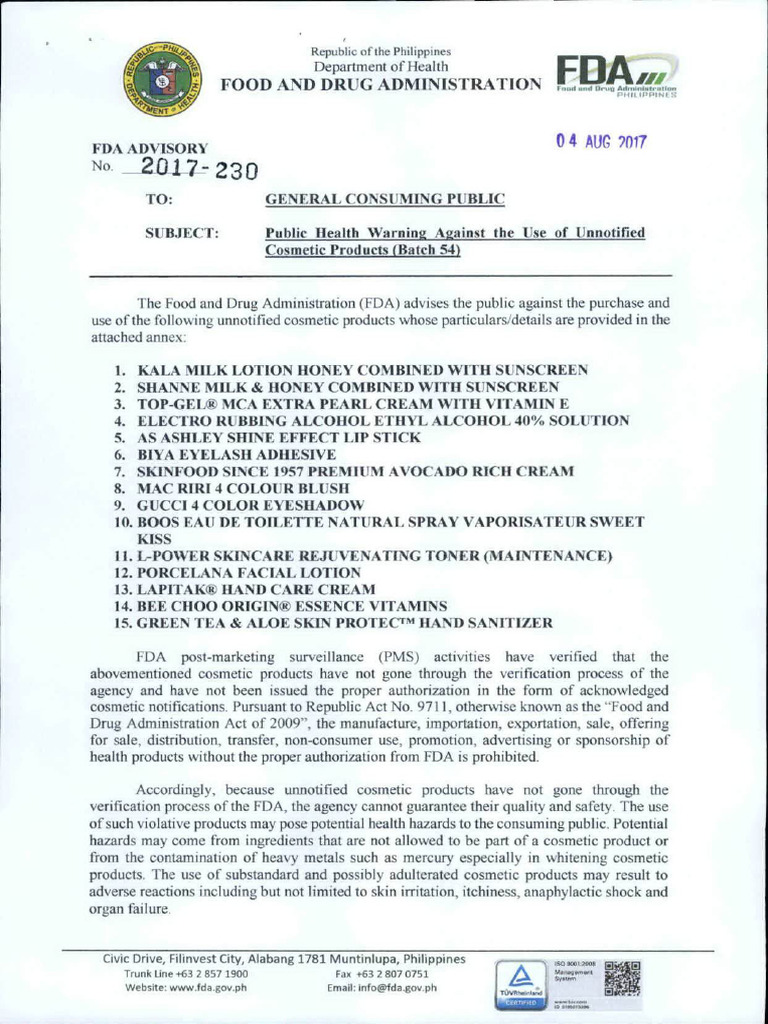 FDA Advisory No. 2017 230 | PDF
