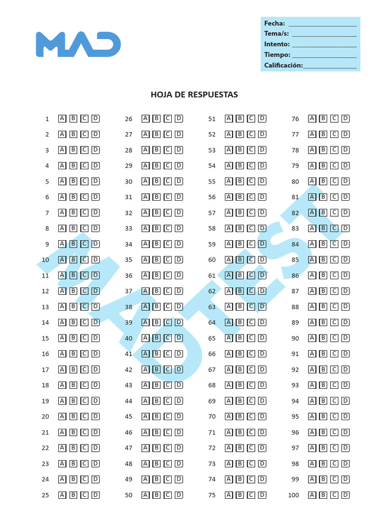 Hoja de Respuestas TEST OPOSICIONES | PDF