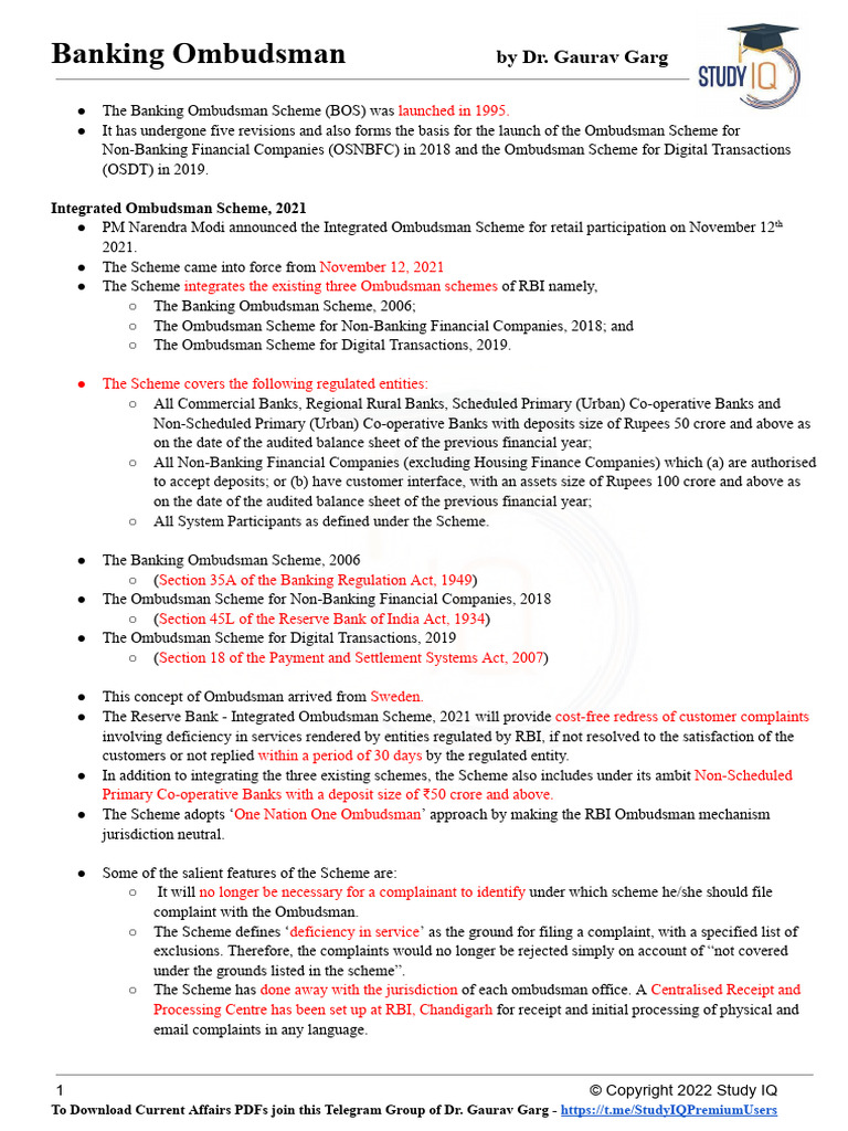 LEC 13 Banking Ombudsman | PDF | Banks | Reserve Bank Of India