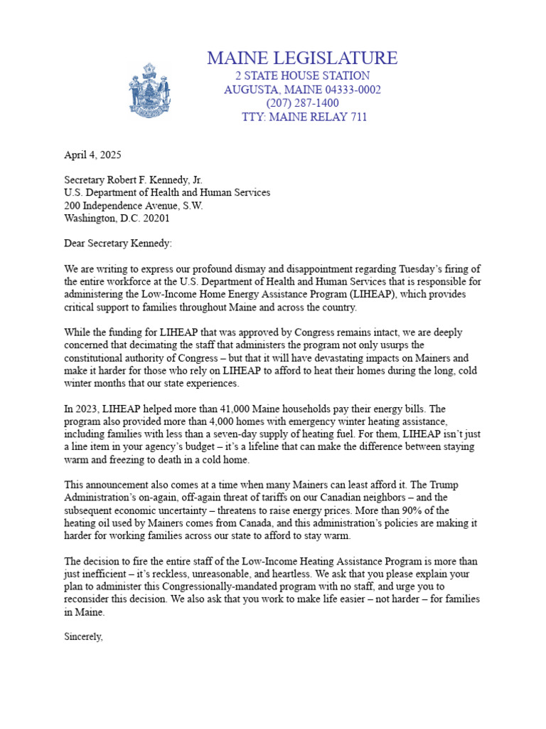 LIHEAP Letter To Secretary Kennedy | PDF | Government | Agencies Of The ...
