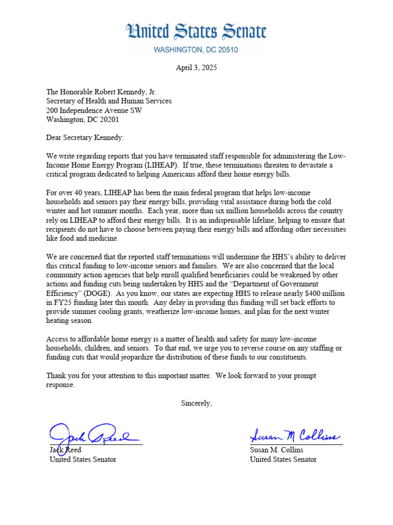 Urgent Appeal to Protect LIHEAP Funding | PDF | United States Senate ...