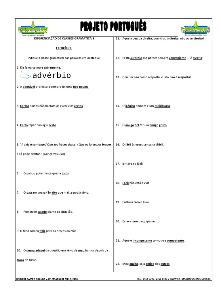 Exercícios Classes Gramaticais | PDF
