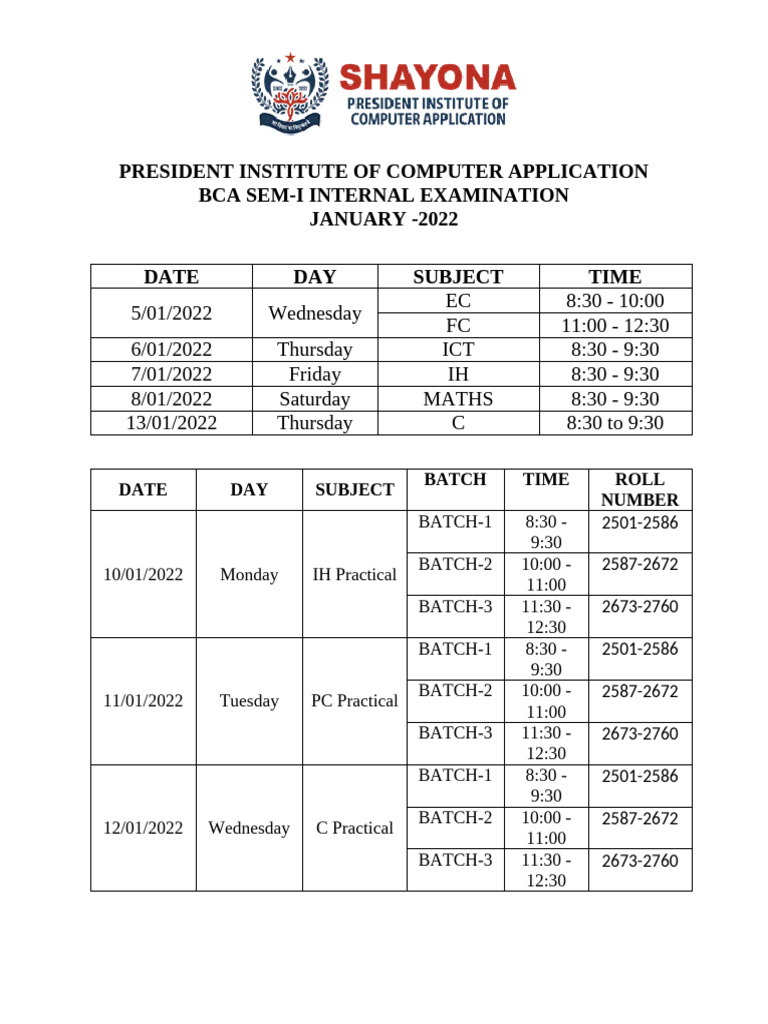 Sem1_InternalExam Time Table | PDF