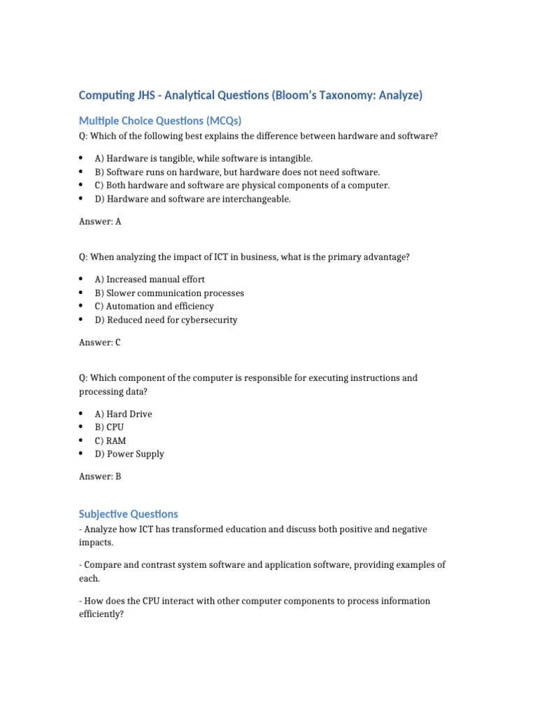 Computing JHS Analytical Questions | PDF