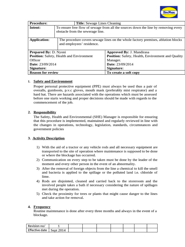 Sewage Line Cleaning Procedure | PDF | Personal Protective Equipment ...