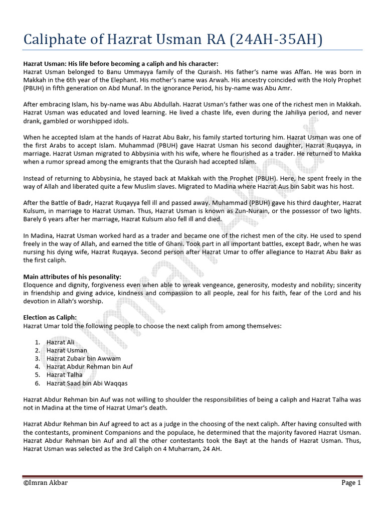 Caliphate of Hazrat Usman-2 | PDF | Ali | Umar