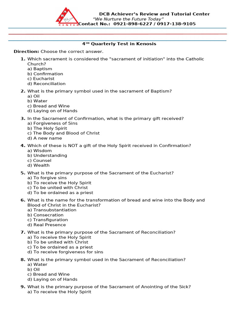4TH Quarterly Test in Kenosis | PDF | Sacraments | Eucharist
