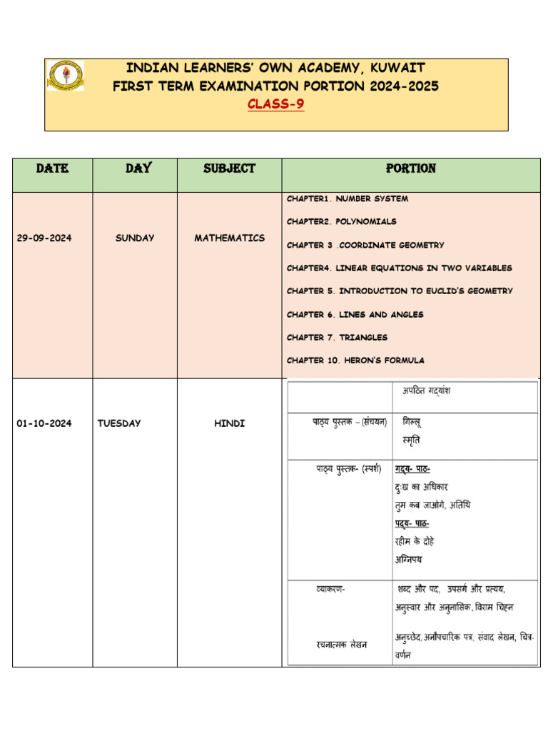 CLASS-9_TERM-1_EXAM_PORTIONS-2024-2025_-UPDATED | PDF | Geometry | Mathematics