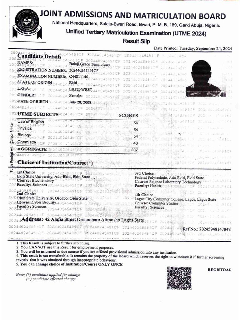 Grace Jamb Result | PDF