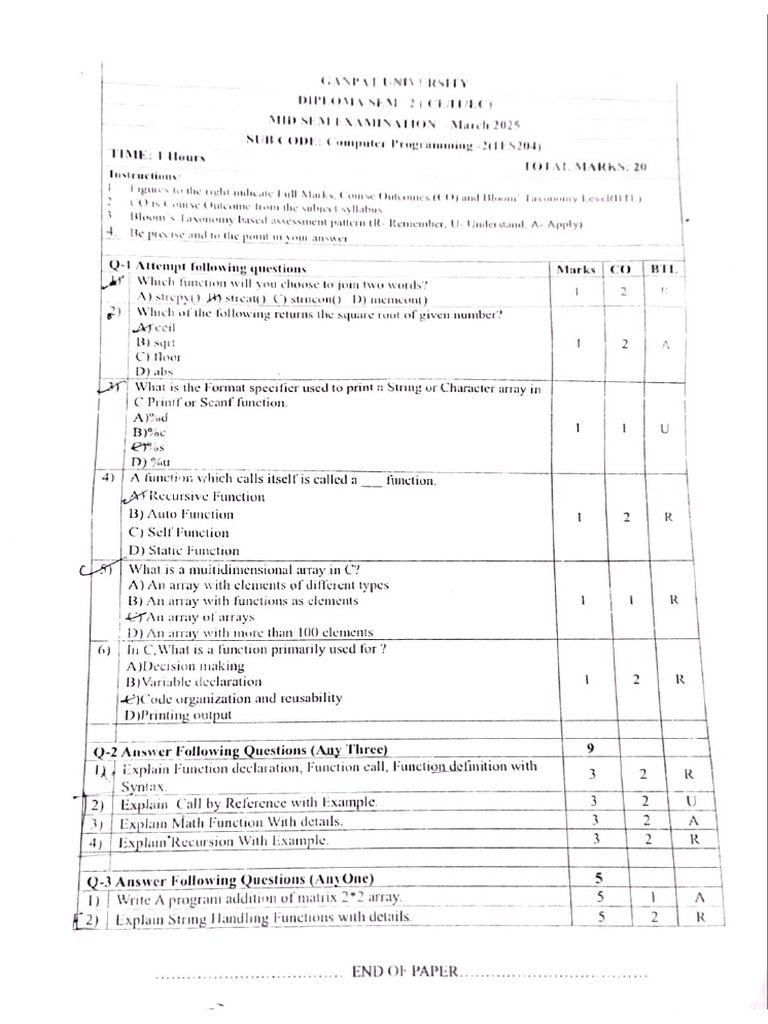 Cp2 Mid Sem Question Paper | PDF