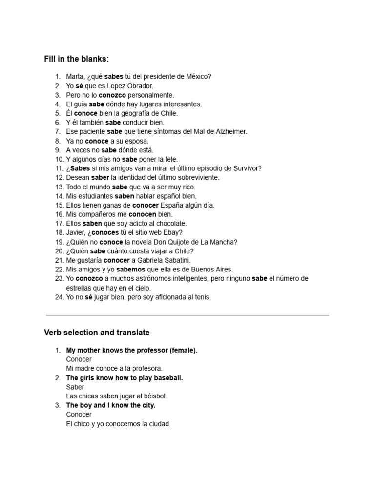 Uso de "saber" y "conocer" en español | PDF