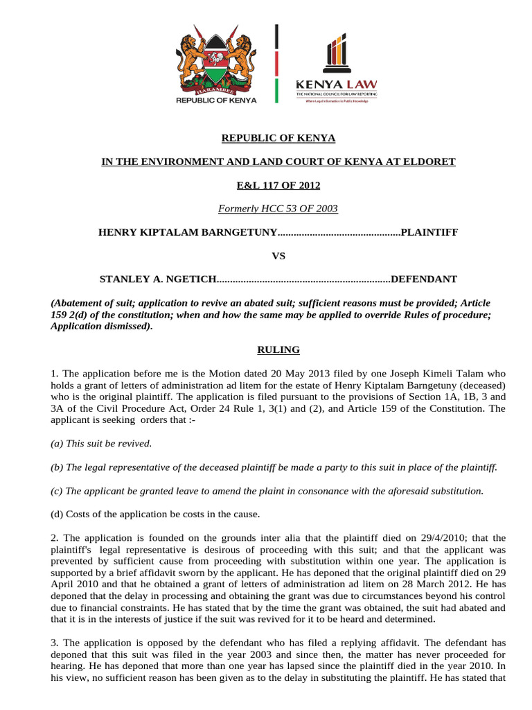 Henry Kiptalam Barngetuny V Stanley A Ngetich 2013KEELC45 (KLR) | PDF | Lawsuit | Justice