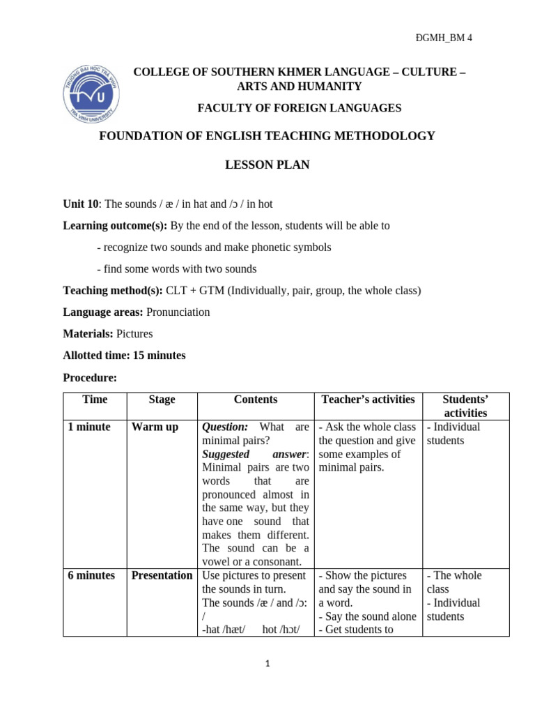 SAMPLE LESSON PLAN-Pronunciation - Vowels | PDF | Linguistics | Human ...