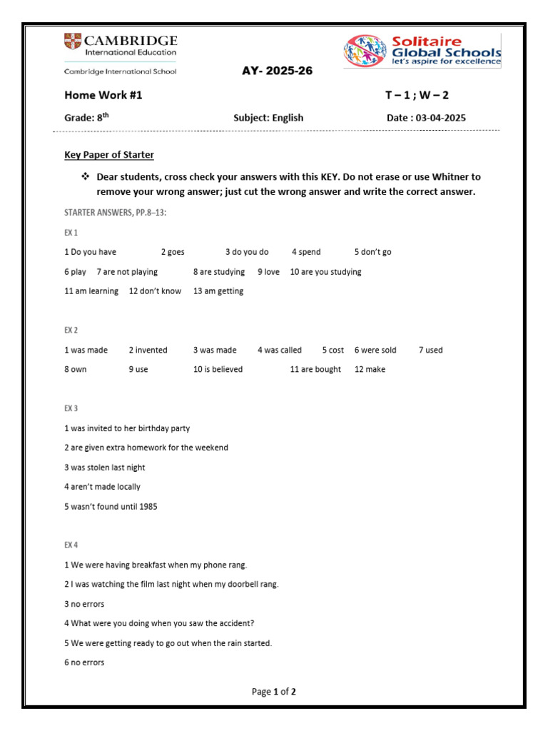 English Answer Key For 'Starters' | PDF