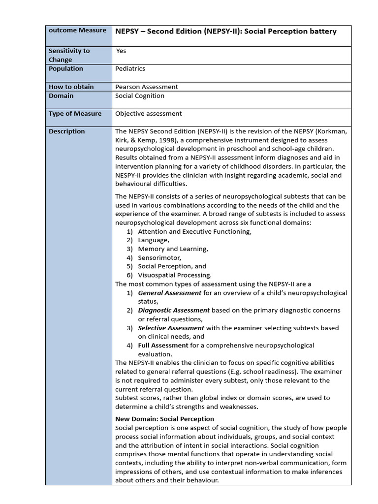 NEPSY Social Cognition Battery | PDF | Wechsler Adult Intelligence ...