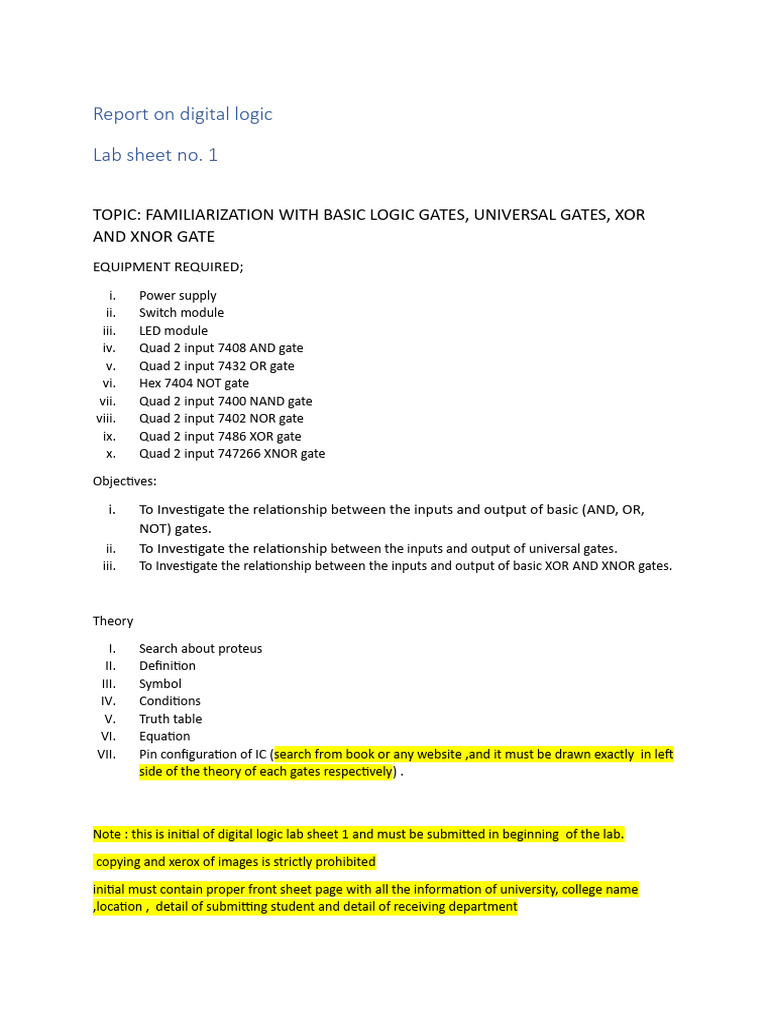 Digital Logic Gates Lab Report | PDF