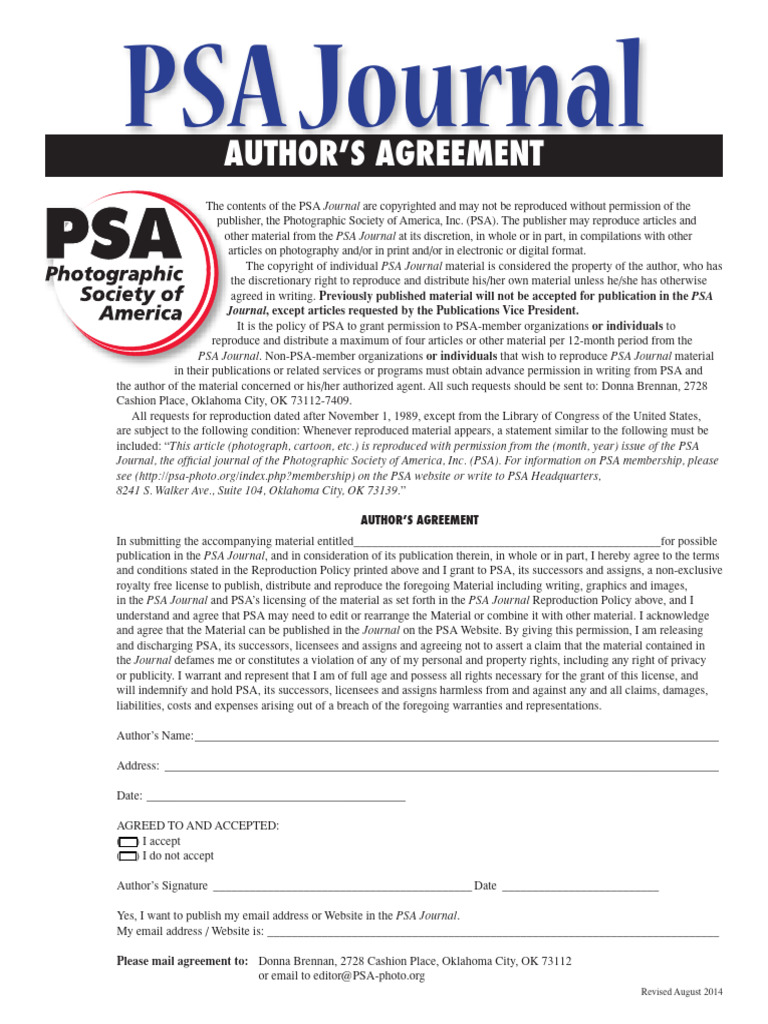 0a 004-PSA Journal Author's Agreement-Fillable | PDF | License | Copyright