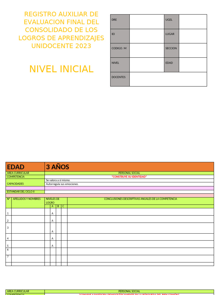 Registro Auxiliar Del Consolidado Final de Logros de Aprendizaje Inicial 3,4,5 Años 2o23 ...