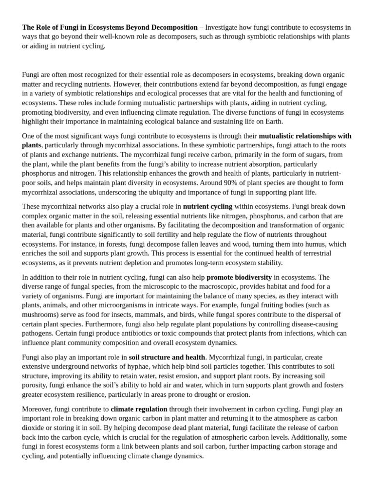 The Role of Fungi in Ecosystems Beyond Decomposition | PDF | Ecosystem ...