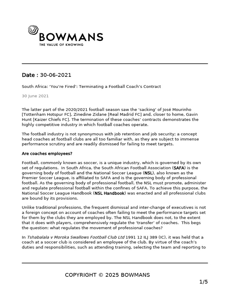 South Africa Youre Fired Terminating A Football Coachs Contract | PDF ...