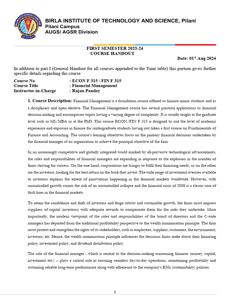 Handout ECON F315 1 2024 | PDF | Economies | Financial Economics