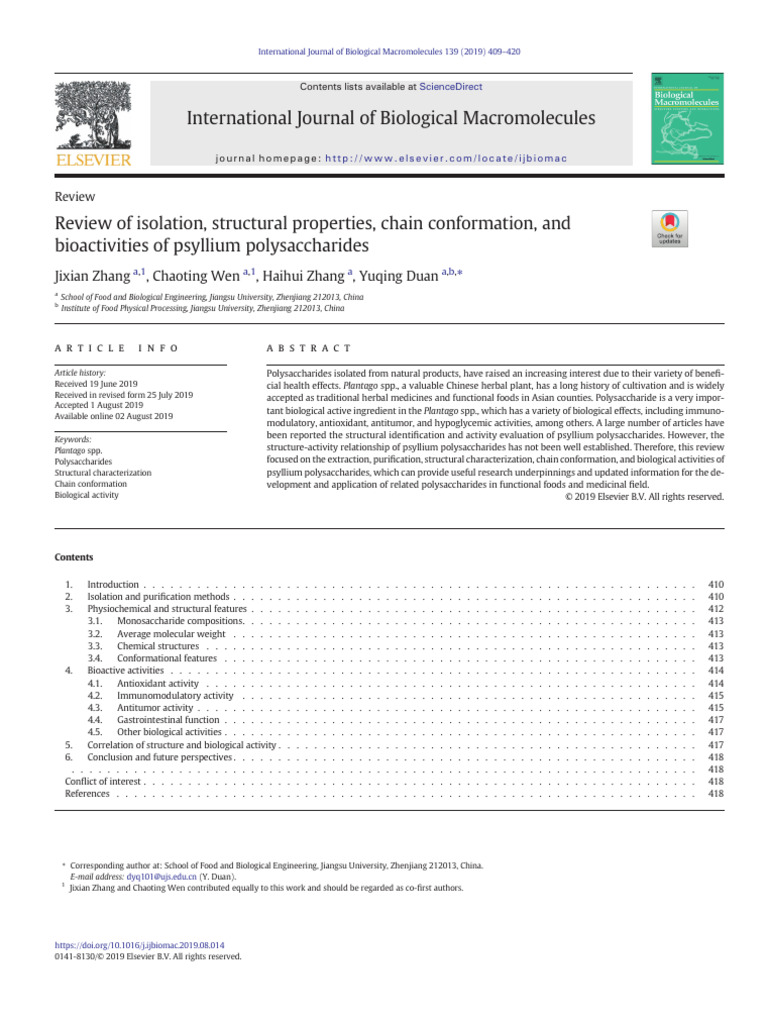 Review of Isolation, Structural Properties, Chain Conformation, and Bioactivities of Psyllium ...