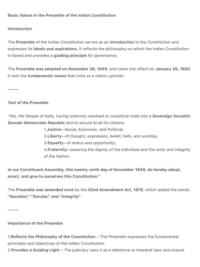 Basic Values in the Preamble of the Indian Constitution | PDF | Legal ...