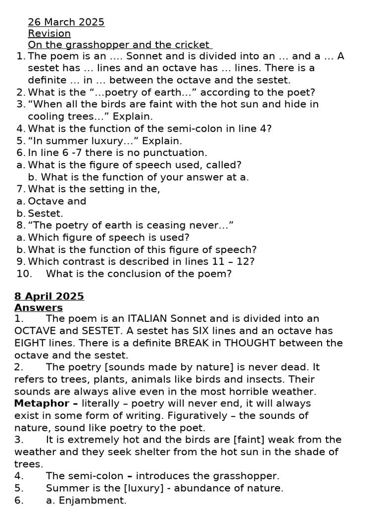 Analysis of "The Grasshopper and Cricket" | PDF | Poetry | Phonaesthetics