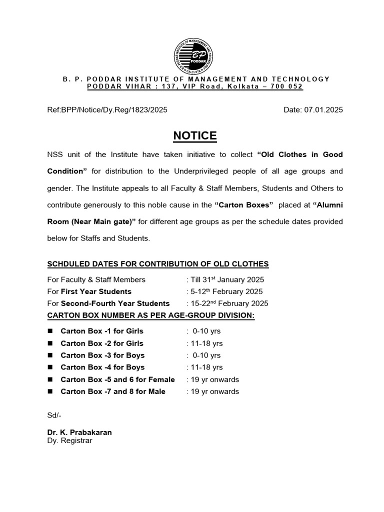 Notice On Old Clothes Collection For Distribution To Under Privilege ...