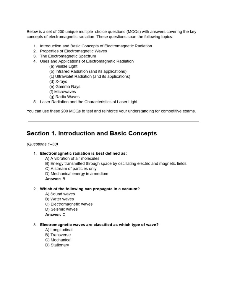 Electromagnetic Radiation MCQ's | PDF | Electromagnetic Radiation ...