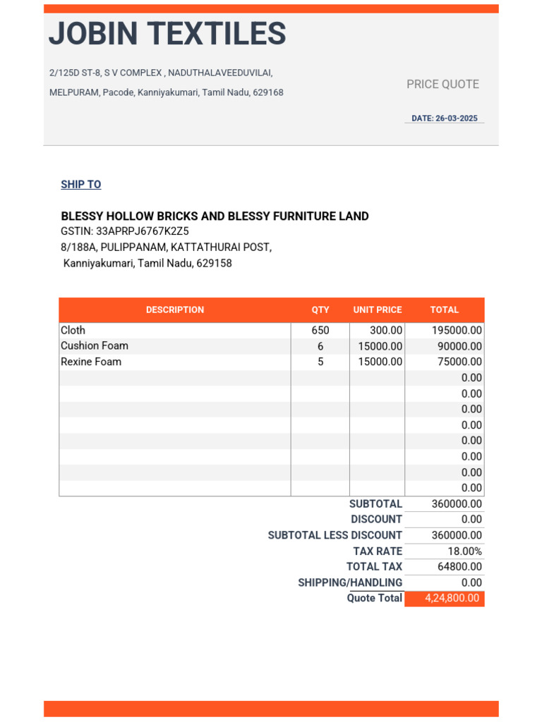 Jobin Textiles Price Quote | PDF