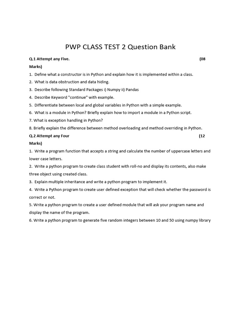 PWP CLASS TEST 2 Question Bank | PDF