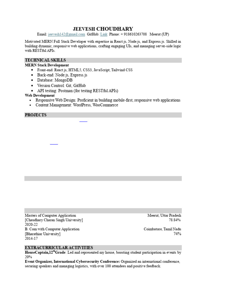 JEEVESH RESUME 2025 Fresher Full Stack Developer | PDF | Web Application | Web Development