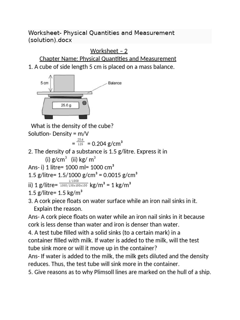 Class 8 Physics: Density Worksheet | PDF