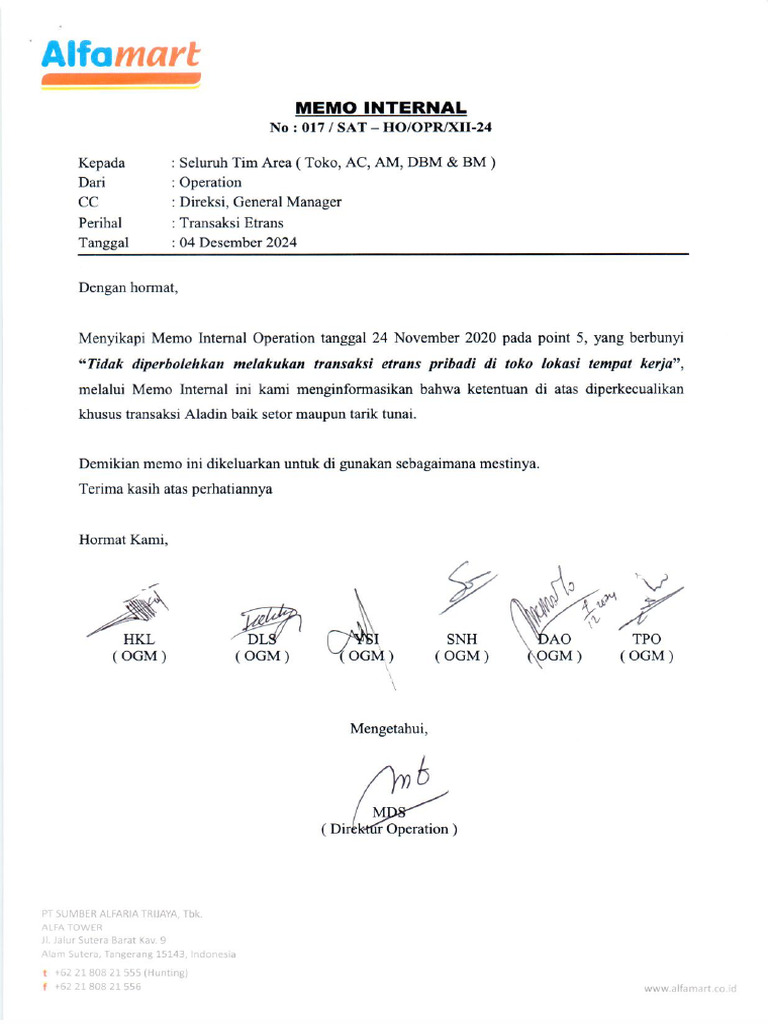 Memo Internal Transaksi Etrans - 12des24 | PDF