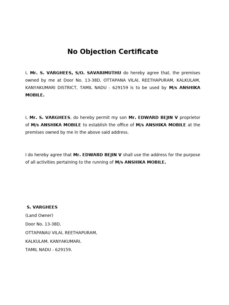 No Objection Certificate for Anshika Mobile | PDF