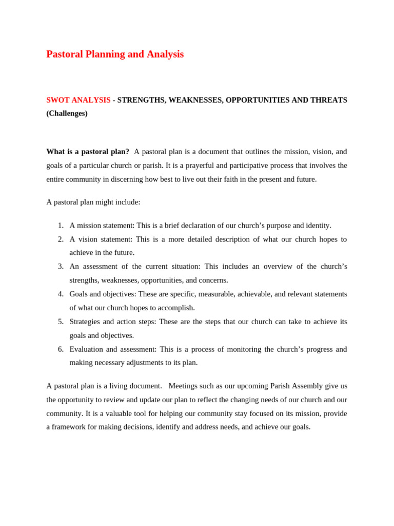 PTUC 407 Pastoral Planning Analysis | PDF | Goal | Swot Analysis