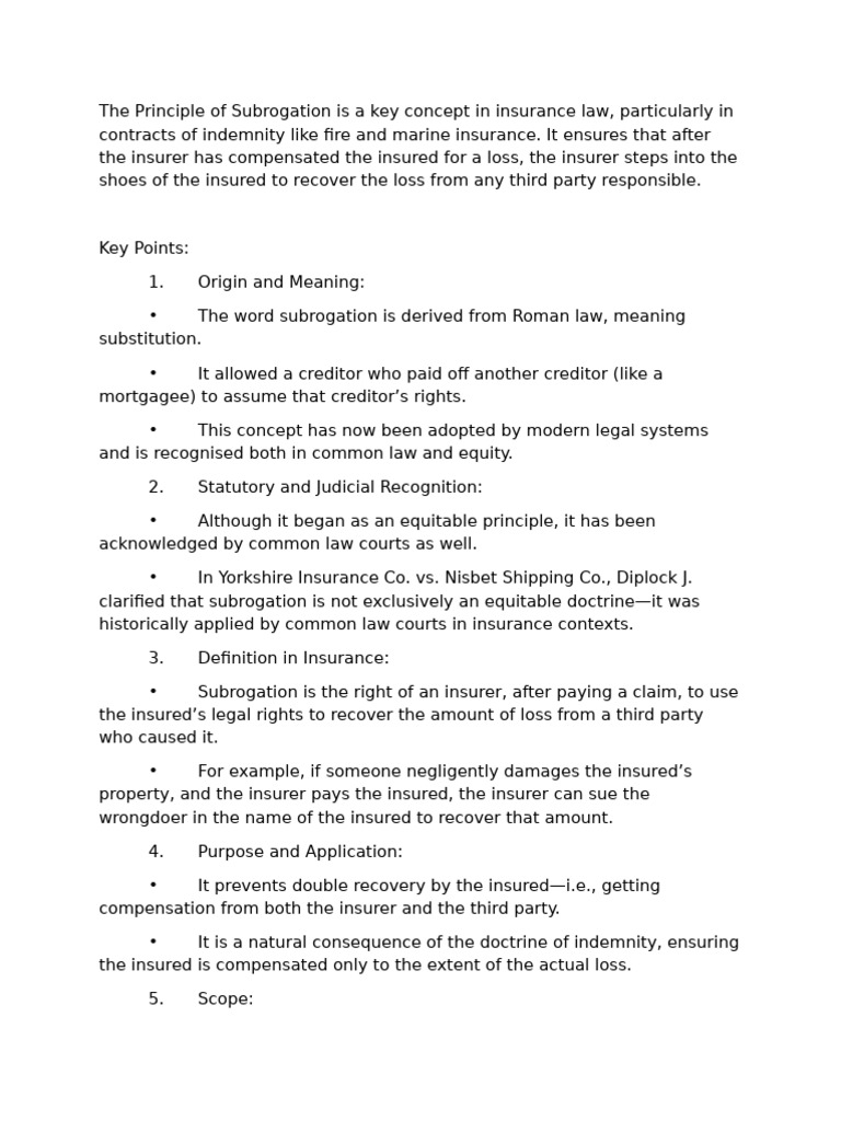 The Principle of Subrogation Is A Key Concept in Insurance Law | PDF