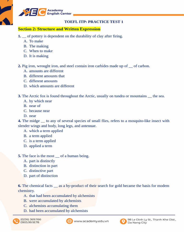 TOEFL ITP Practice Test Overview | PDF | Iron | Mud