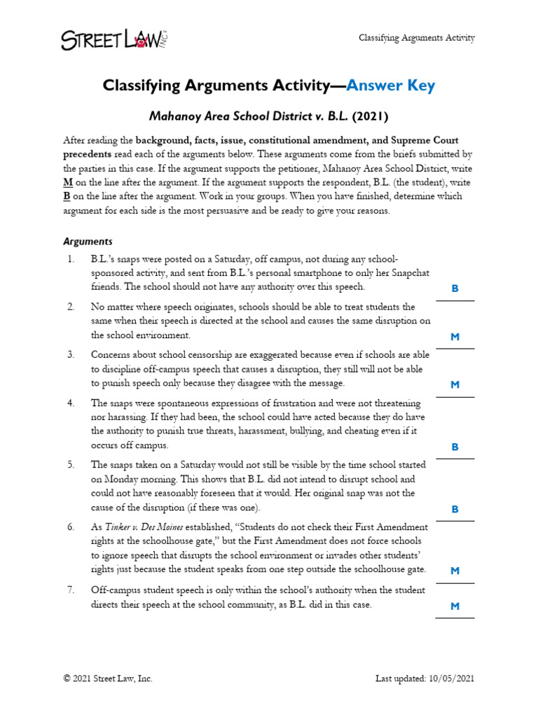 Mahanoy V BL Classifying Arguments Answers Hs Streetlaw | PDF | Human ...