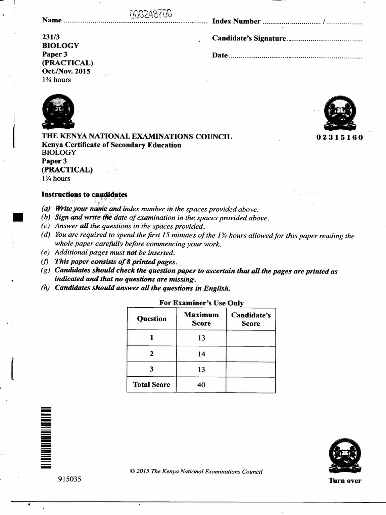 Kcse 2015 Biology PP3-2 | PDF