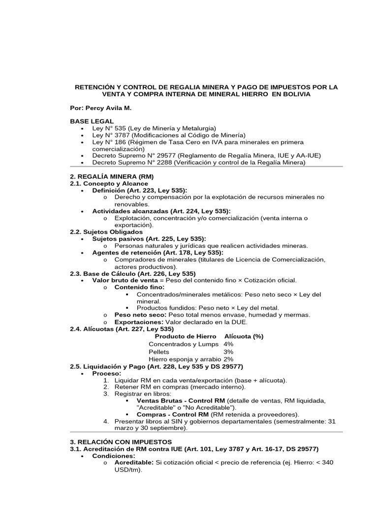 Retención y Control de Regalia Minera y Pago de Impuestos Por La Venta y Compra Interna de ...