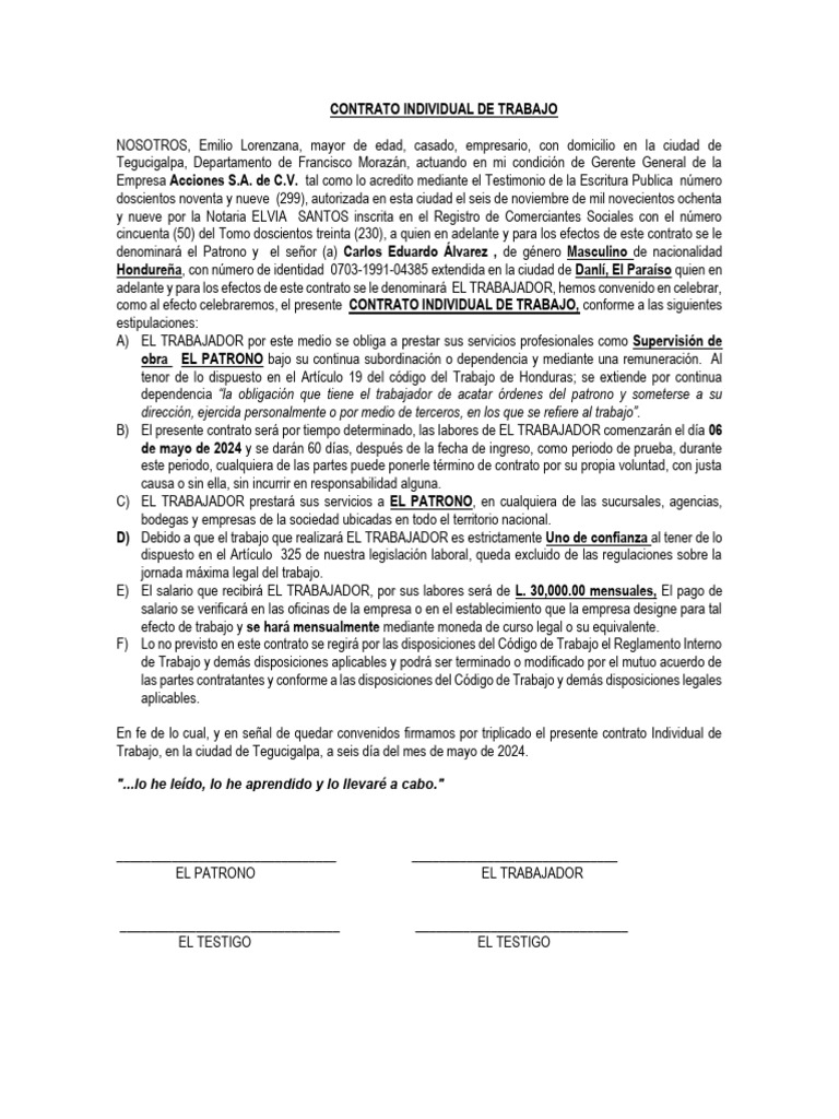 Contrato Individual de Trabajo Honduras | PDF | Derecho laboral | Economias